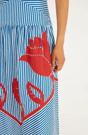Farm Rio Sky Stripes Floral Embroidered Midi Dress