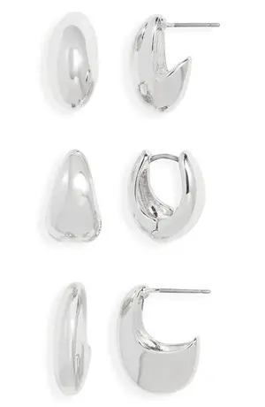 OPEN EDIT Set Of 3 Puffy Huggie Hoop Earrings - Silver