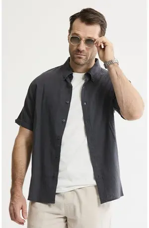 JACHS Linen Blend Short Sleeve Shirt - Asphalt