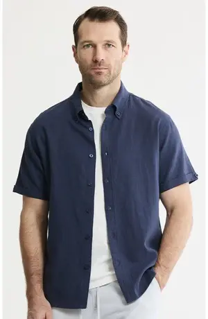 JACHS Linen Blend Short Sleeve Shirt - Indigo