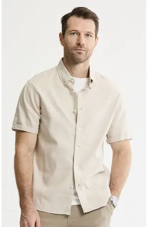 JACHS Linen Blend Short Sleeve Shirt - Stone