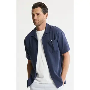 JACHS Linen Blend Short Sleeve Camp Shirt - Indigo