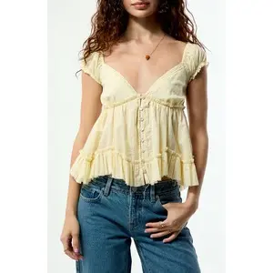 PACSUN Ellie Embroidered Lace Trim Top - Yellow