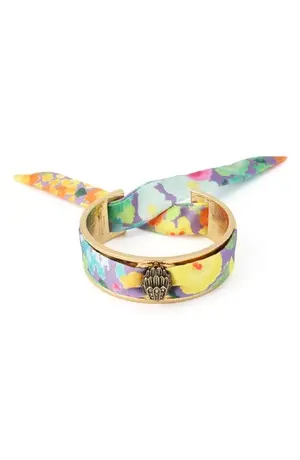 Kurt Geiger Floral Fabric Tie Cuff Bracelet With Eagle Head Motif - Gold/multi