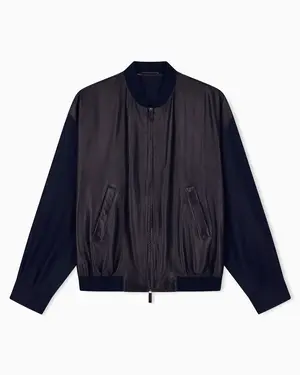 Giorgio Armani Oversized Fit Leather Blouson Jacket With Silk Lining - Navy Blue