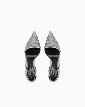 Giorgio Armani Leather And Mesh Slingback Pumps With Rhinestone Embroidery