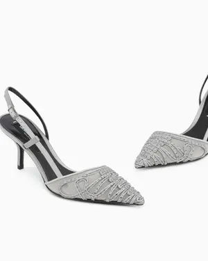 Giorgio Armani Leather And Mesh Slingback Pumps With Rhinestone Embroidery