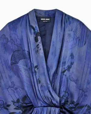 Giorgio Armani Draped Silk Dress With Deep Neckline And Batik Flower Print