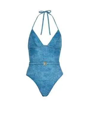 Balmain Denim V-neck One-piece Swimsuit With Logo Detail - Blue