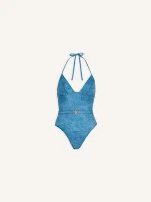 Balmain Denim V-neck One-piece Swimsuit With Logo Detail - Blue