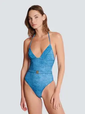 Balmain Denim V-neck One-piece Swimsuit With Logo Detail - Blue