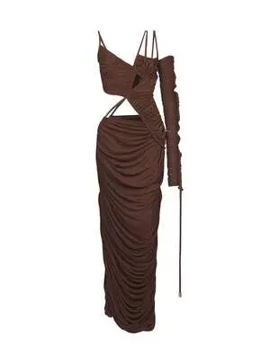 Balmain Asymmetric Draped Jersey Maxi Dress - Brown