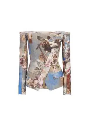 Balmain Off-the-shoulder Printed Linen Jacket
