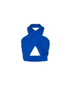 Balmain Draped Jersey High Neck Crop Top - Blue