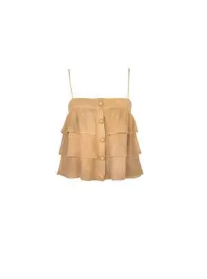 Balmain Strappy Silk Top With Ruffles And Gold-embossed Buttons