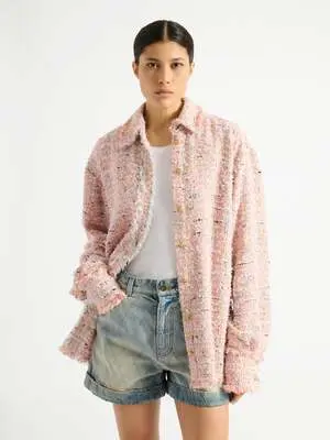 Balmain Tweed Overshirt With Lion Head Buttons - Pink