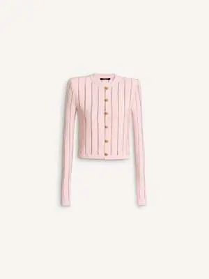 Balmain Cropped Fléchage Knit Cardigan With Lion Head Buttons - Pink