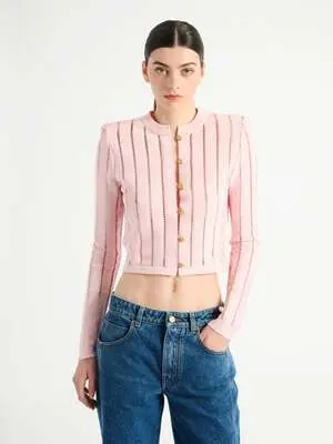 Balmain Cropped Fléchage Knit Cardigan With Lion Head Buttons - Pink