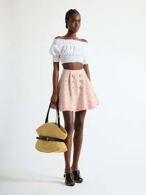 Balmain Flared Tweed Skirt With Gold Lion Head Buttons - Pink