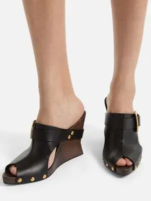 Balmain Anthem Wedge Leather Mules With Gold Buckle - Black