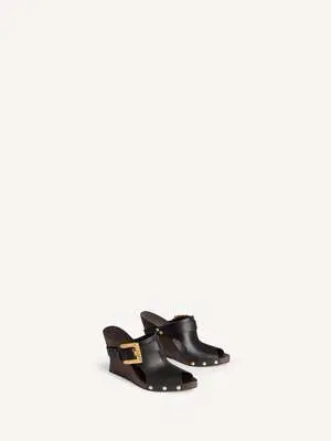 Balmain Anthem Wedge Leather Mules With Gold Buckle - Black