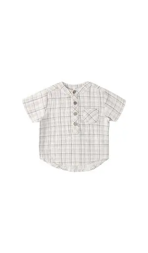 QUINCY MAE Short Sleeve Plaid Shirt With Mandarin Collar
