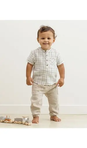 QUINCY MAE Short Sleeve Plaid Shirt With Mandarin Collar