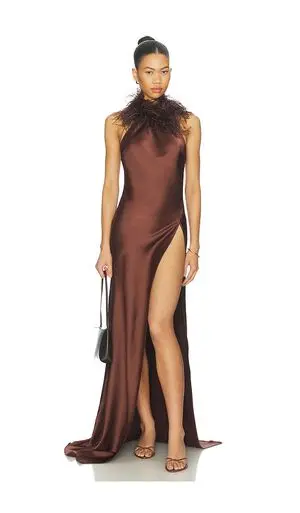 THE NEW ARRIVALS ILKYAZ OZEL Feather Trim Maxi Dress