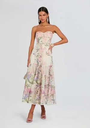 Charo Ruiz Ibiza Strapless Floral Tiered Maxi Dress - Cream Botanic