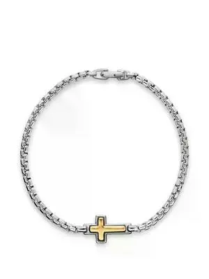 David Yurman Sterling And 14k Yellow Gold Cross Station Link Bracelet - Silver
