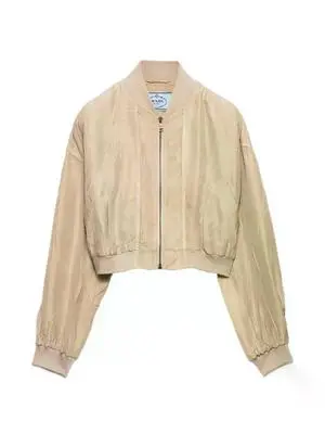 Prada Cropped Silk Bomber Jacket With Tonal Knit Details