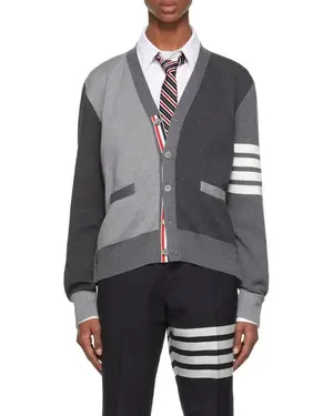 Thom Browne Color-block V-neck Cardigan With Striped Details - Black