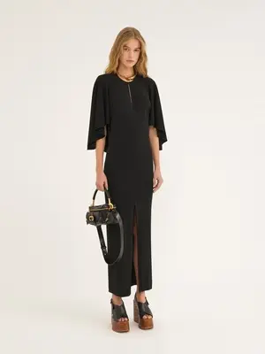 Chloé Cape Effect Crepe Maxi Dress With Front And Rear Zippers