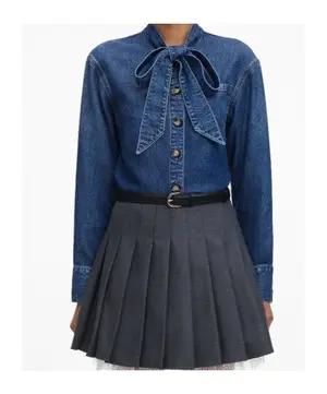 SELF-PORTRAIT Pussy-bow Denim Shirt