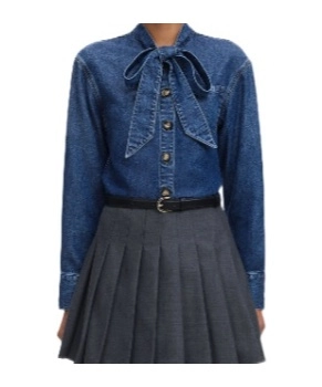 SELF-PORTRAIT Denim Tie Neck Shirt - Blue