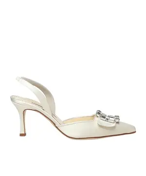 Manolo Blahnik Satin Slingback Heeled Pumps With Crystal Embellishment - Ivory