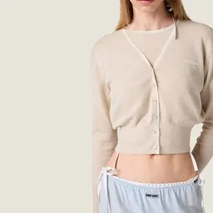 Miu Miu Cashmere Cardigan With Lace Trim And Logo
