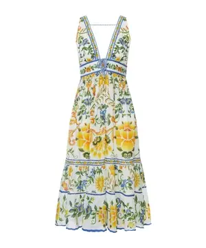 Farm Rio Floral V-neck Midi Dress With Waist Tie