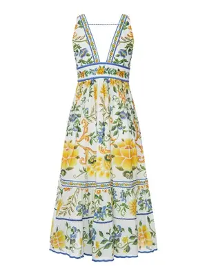 Farm Rio Floral V-neck Midi Dress With Waist Tie