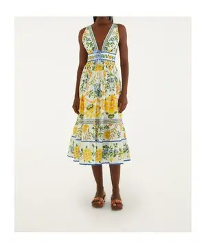 Farm Rio Floral V-neck Midi Dress With Waist Tie