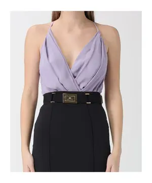 Elisabetta Franchi Georgette Bodysuit Top With Logo Embellishments