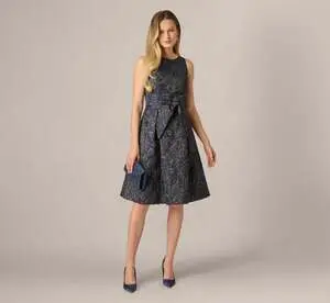 Adrianna Papell Jacquard Tie Front Fit And Flare Midi Dress - Black/navy