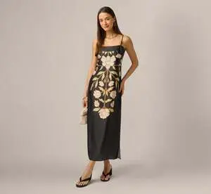Adrianna Papell Floral Printed Satin Midi Slip Dress - Black Multi