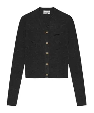 GANNI V-neck Logo Embroidered Cardigan - Phantom Black