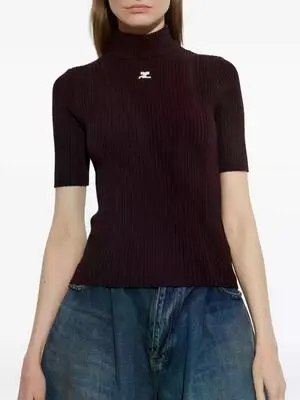 COURREGES Ribbed Logo Patch High Neck T-shirt
