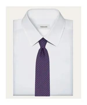 FERRAGAMO Link Print Silk Neck Tie - Navy/red