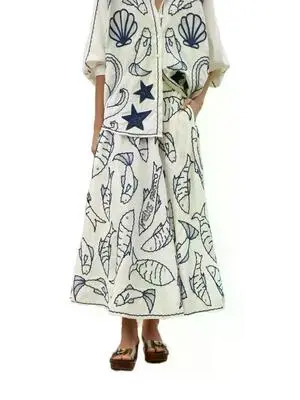 Farm Rio Embroidered Linen Midi Skirt - White