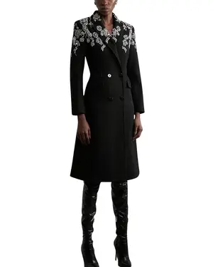 Karen Millen Tailored Wool Double Breasted Embellished Midi Coat