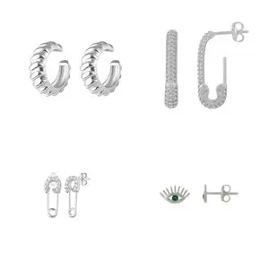 SPERO LONDON Sterling Safety Pin Stud Croissant Ear Cuff & Emerald Evil Eye Earring Set - Silver