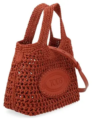 TOD'S Woven Shopper Bag With Logo Detail - Brown